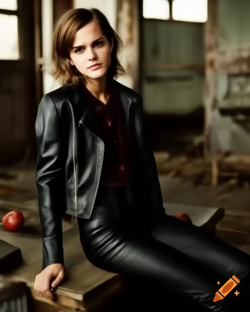 Emma Watson in Indiana Jones style attire, wearing leather jeans ...