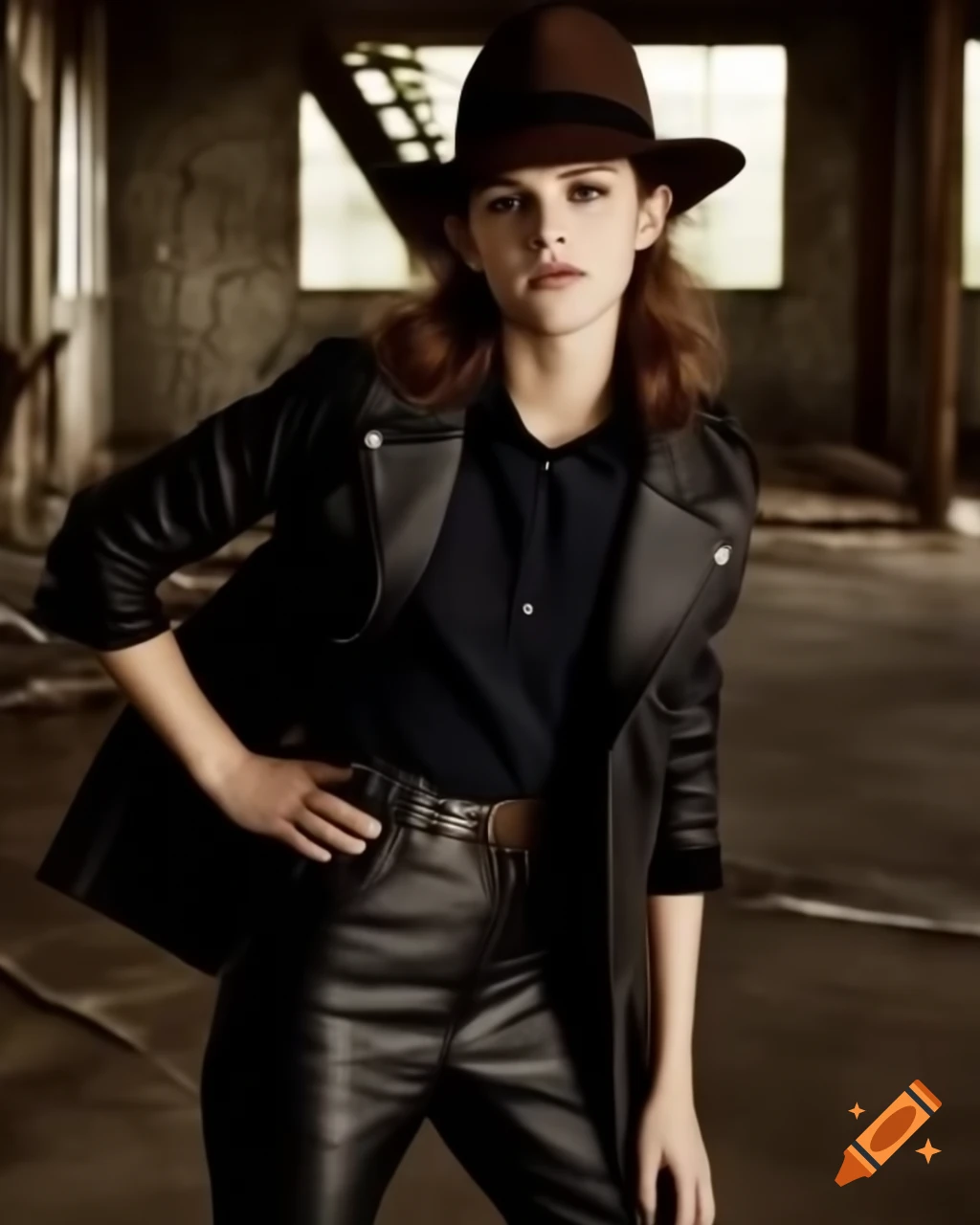 Female portrait in Indiana Jones style wearing sleek black leather ...