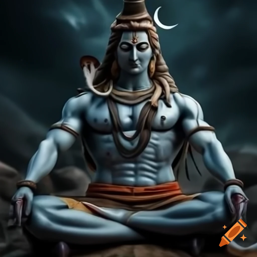 Lord Shiva meditating with a muscular physique and calm expression on ...