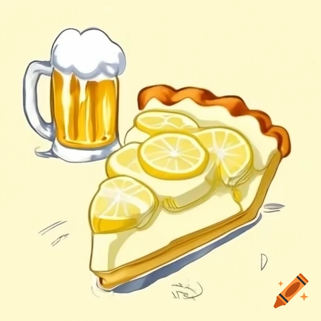 Slice of lemon meringue pie leaning against pint of beer on Craiyon