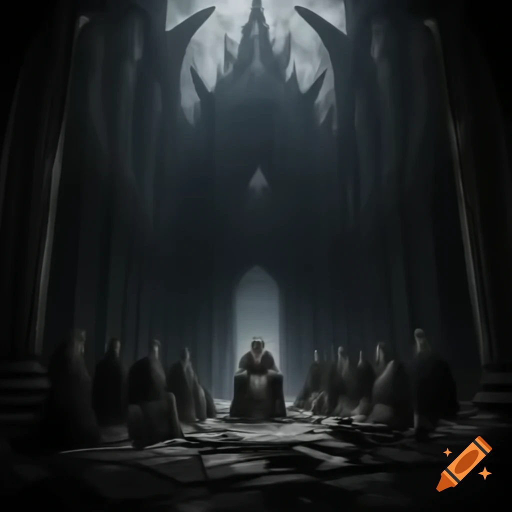 Ancient gods on ornate thrones in gothic temple with surreal lighting ...