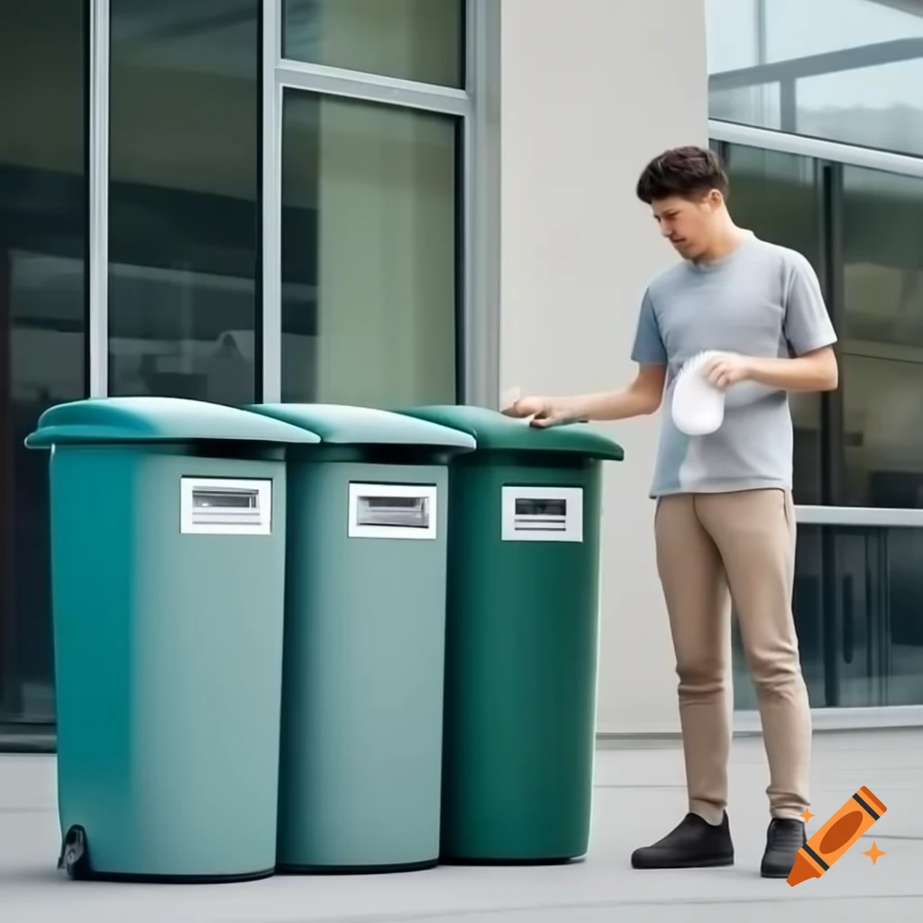 Young man in front of modern waste bin with labeled lids for waste ...