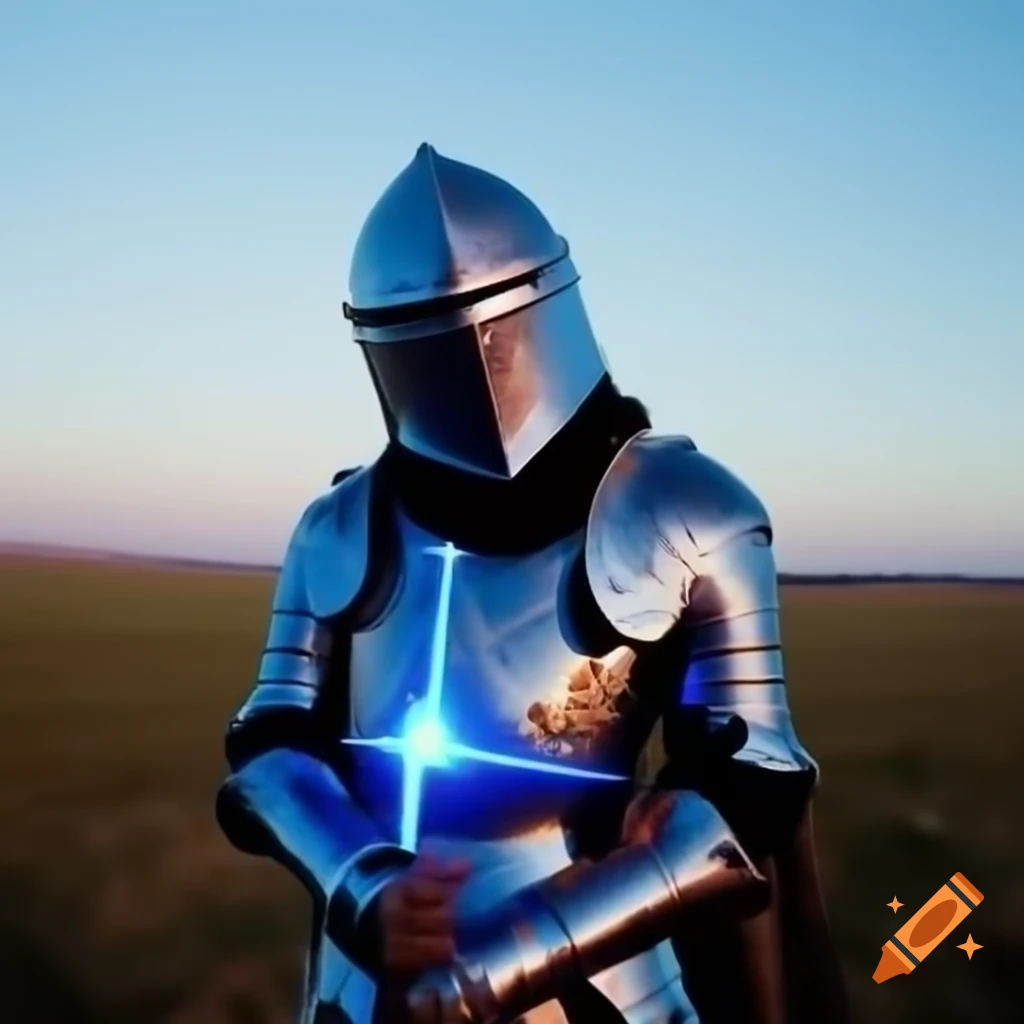Knight in iridescent enchanted armor in daytime field, photorealistic ...