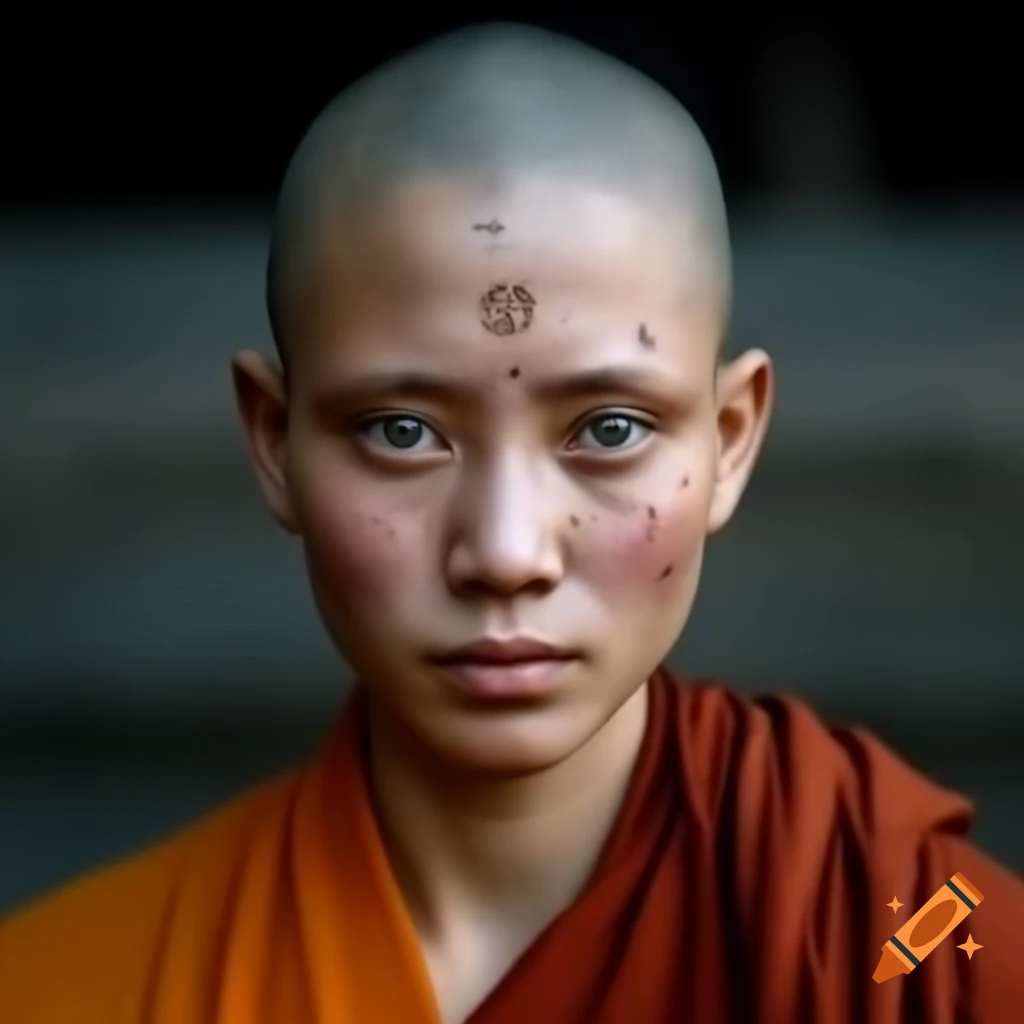 Female monk with pale skin and silver eyes in simple, neat robes on Craiyon