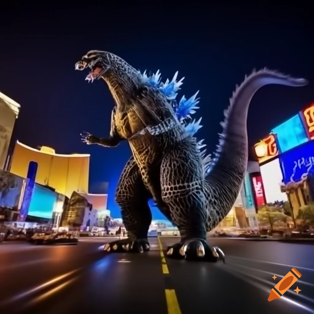 Godzilla towering over Las Vegas with destruction in the background on ...