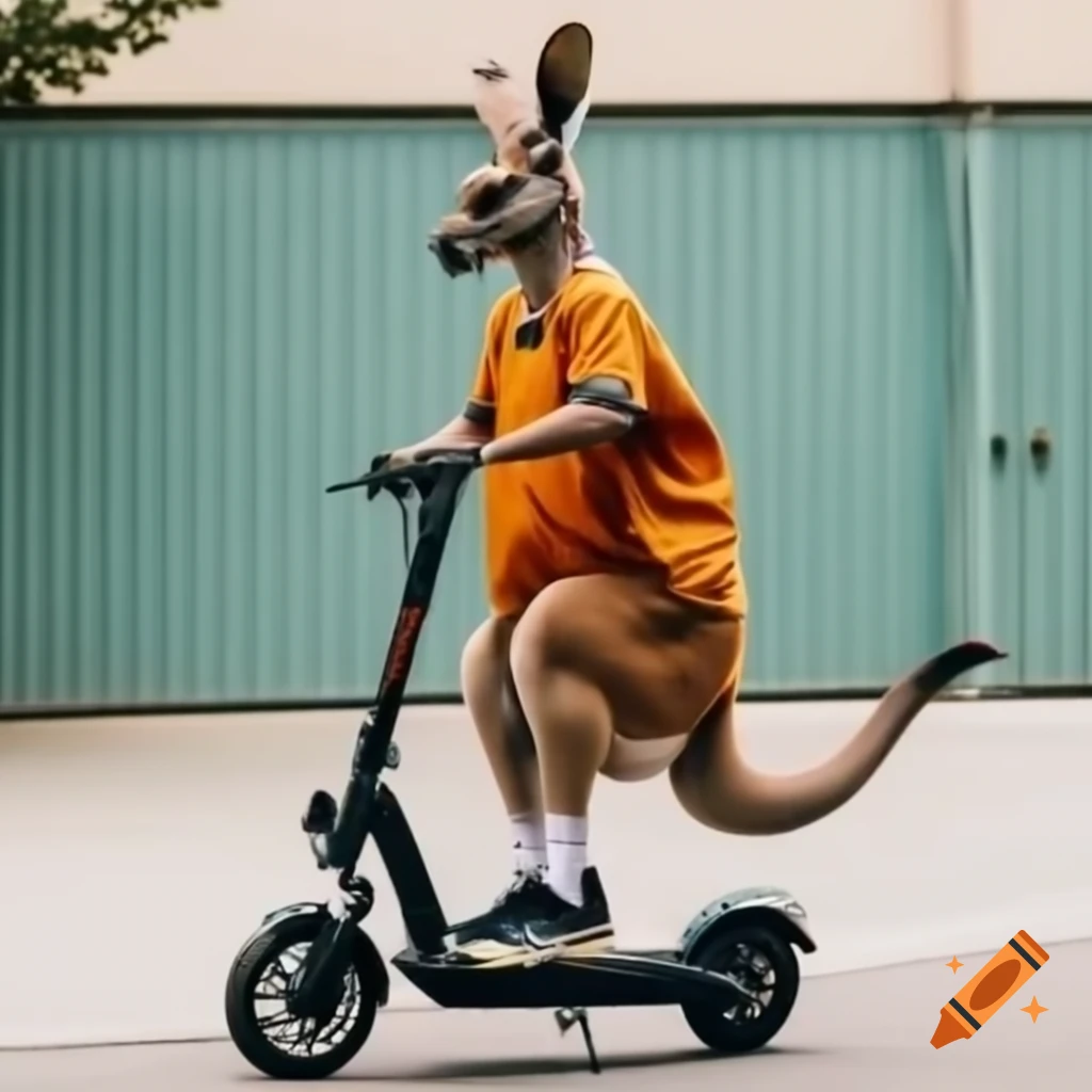 Kangaroo performing circus stunts on three-wheeled electric scooter ...