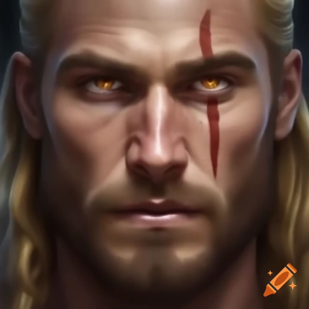 Strong warrior with long blond hair and amber eyes, featuring scars on ...
