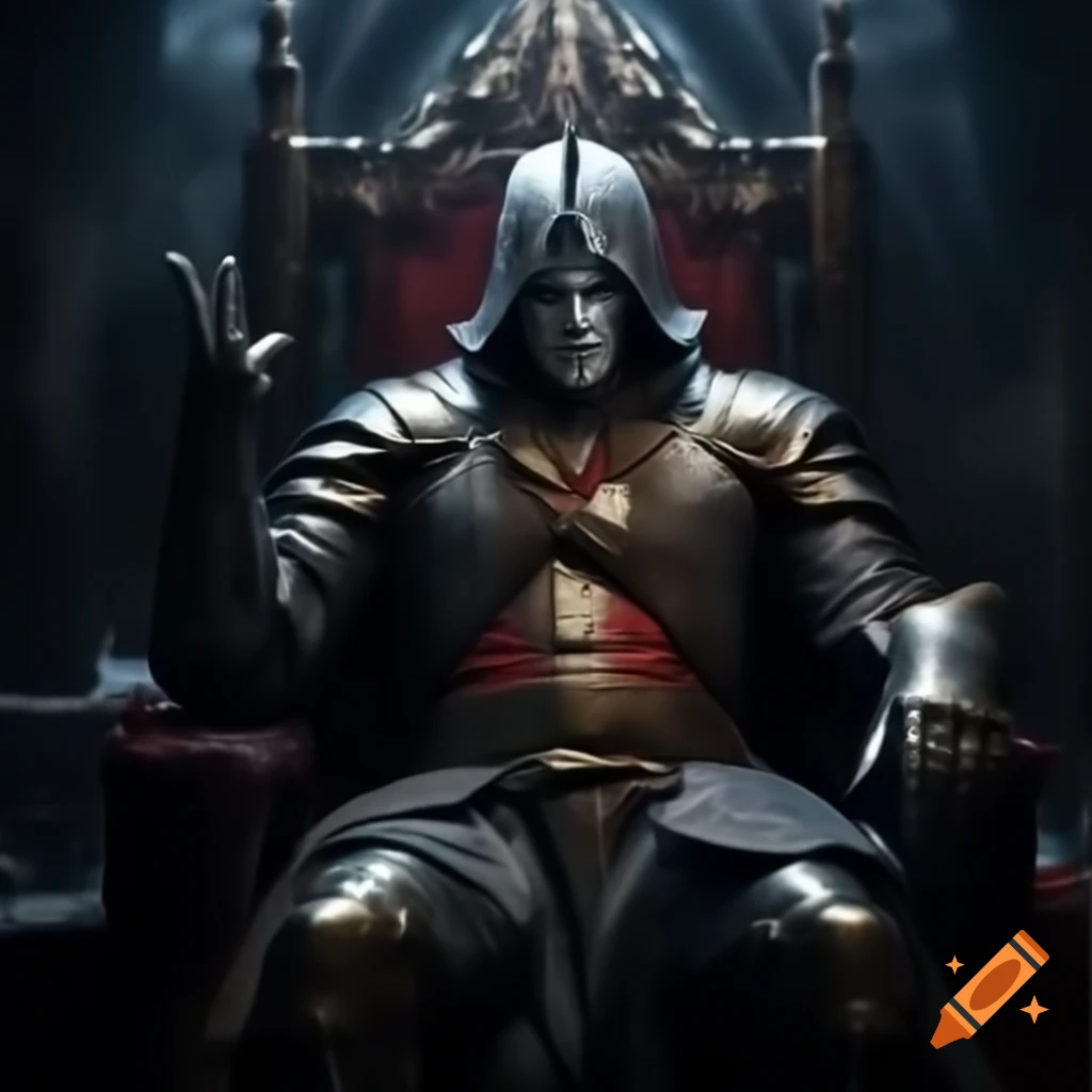 Powerful vampire villain menacing high priest knight on throne on Craiyon