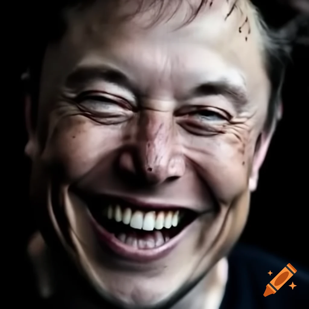 Closeup of Elon Musk grinning mischievously on Craiyon