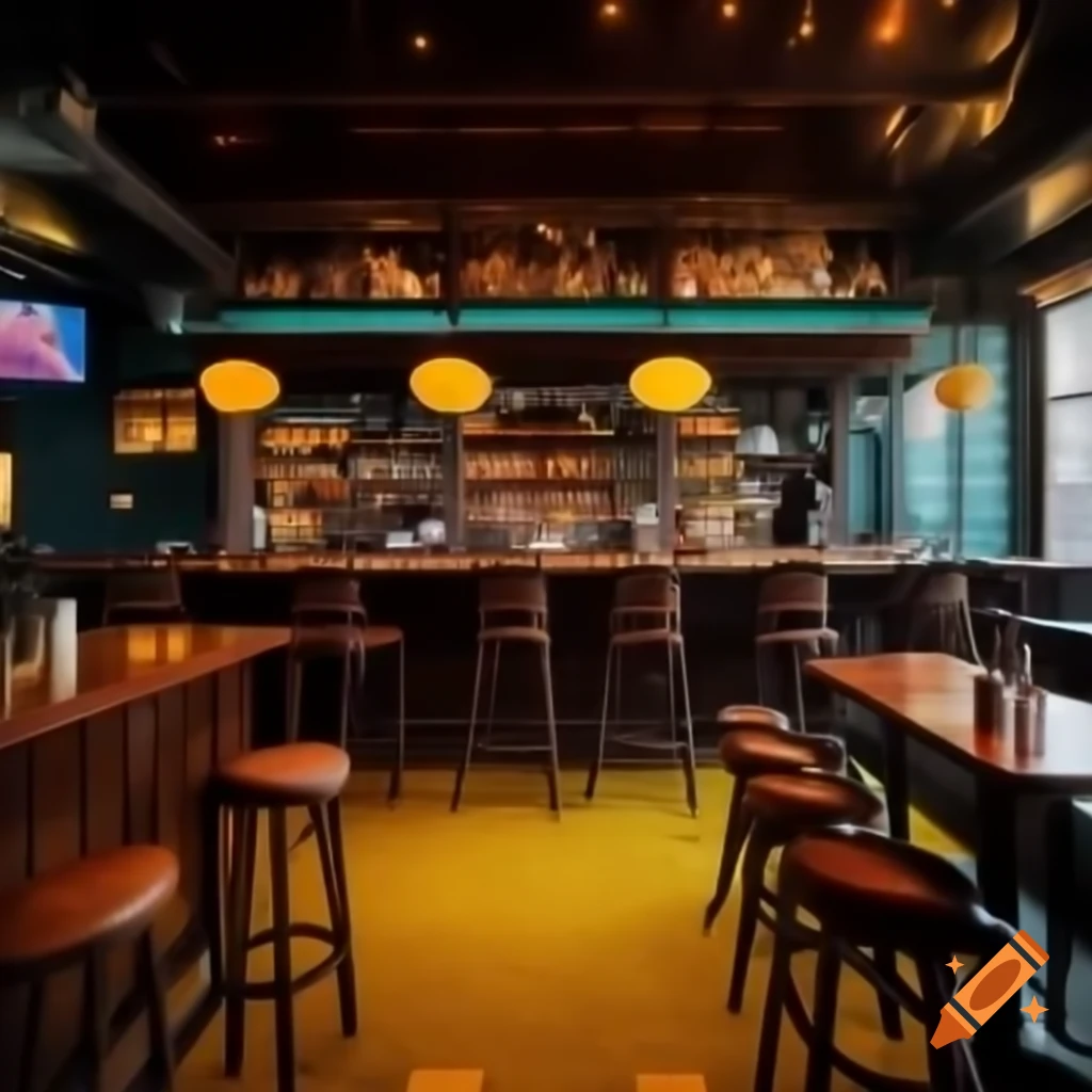 Interior view of a dive bar with drains and puddles on the floor on Craiyon