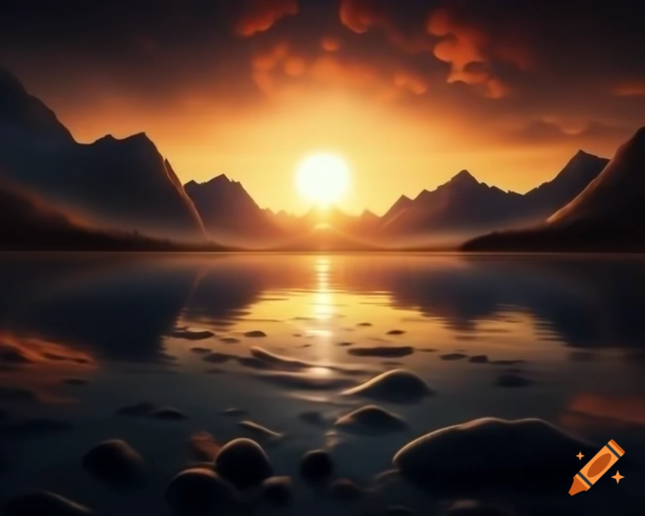 Photorealistic 3D render of mountain lake at sunset with sun rays on ...