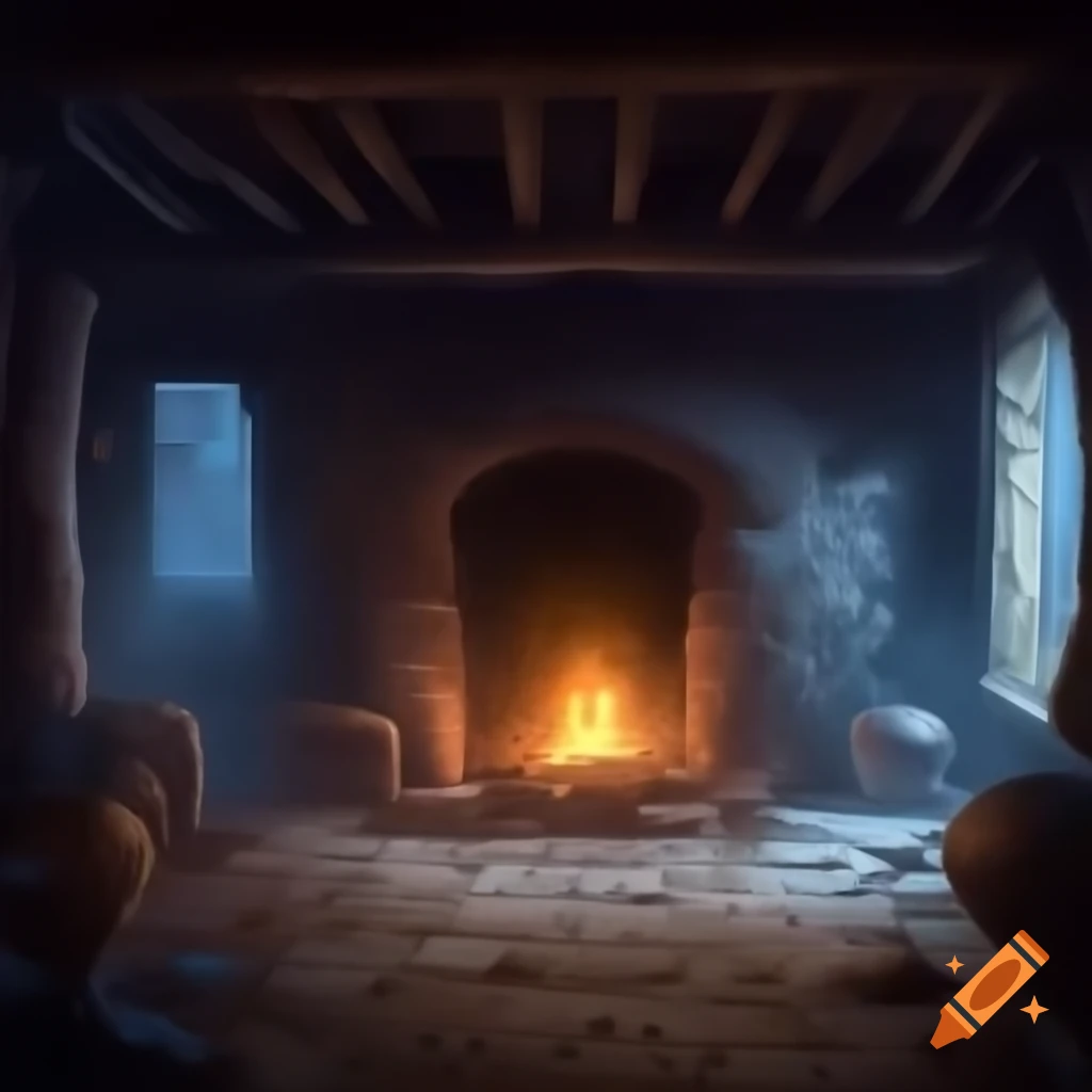 Ancient stone room at night with dusty floor and stone fireplace on Craiyon