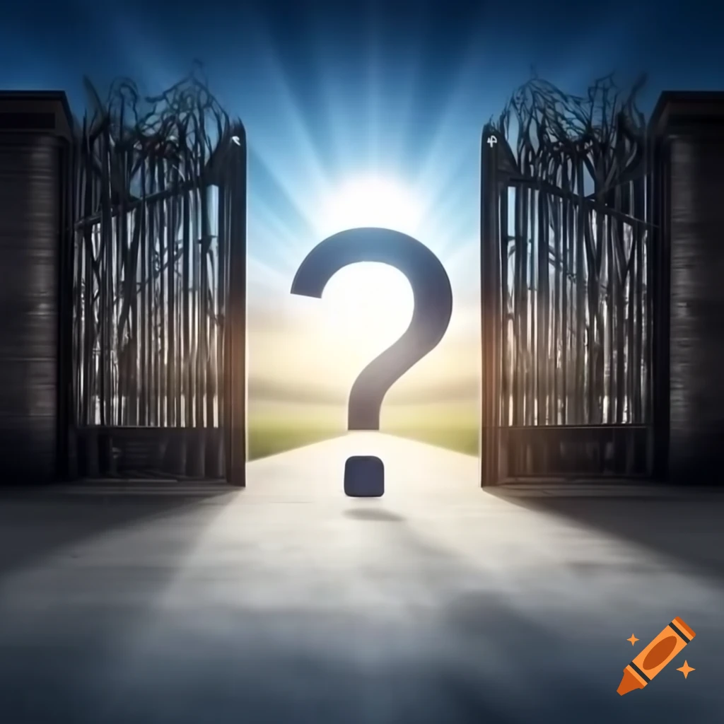 Open gate with question mark symbolizing uncertainty, illuminated by ...