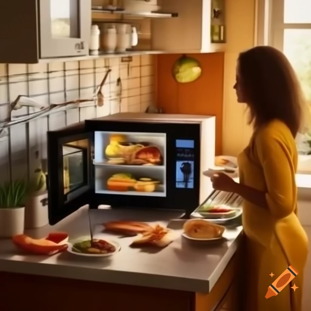 Futuristic kitchen with high-tech microwave preparing a meal on Craiyon