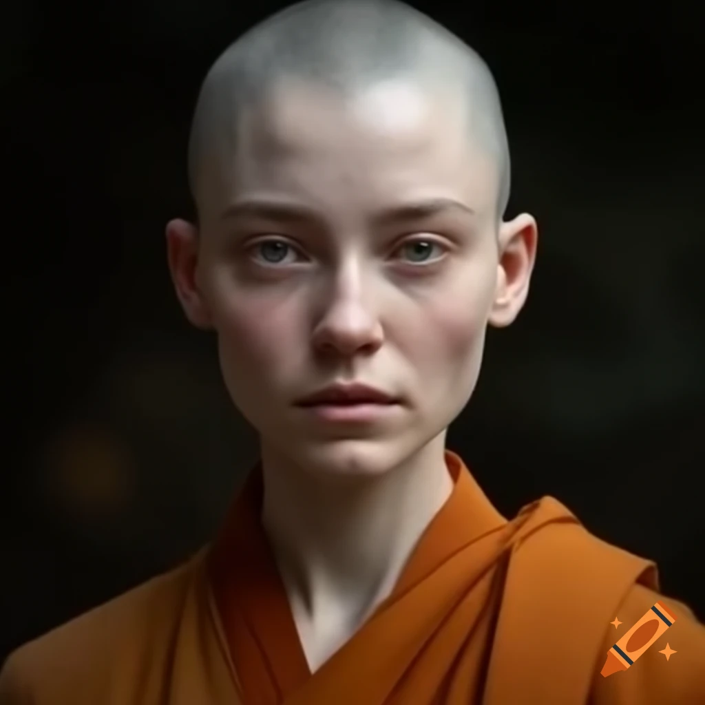 Female monk with silver eyes and simple robes representing ascetic ...