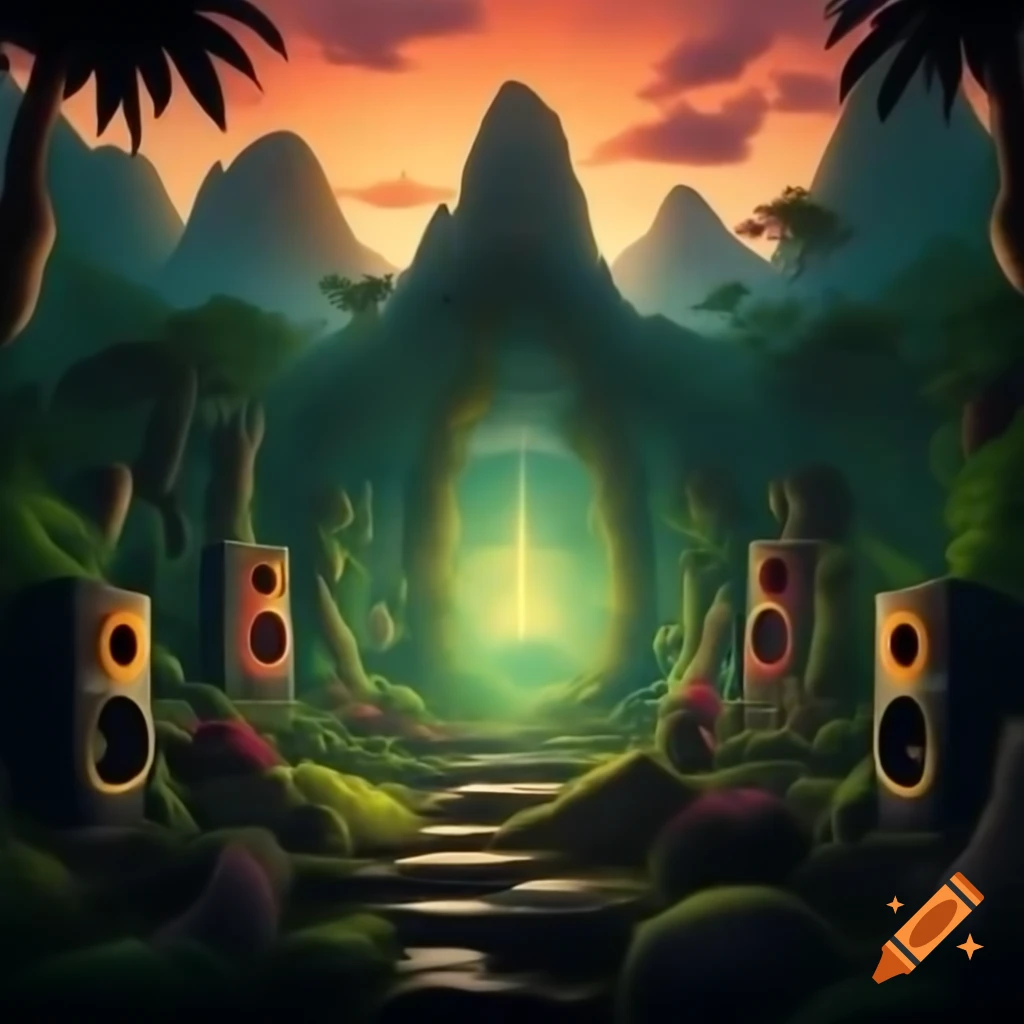 Mystical tropical jungle with stone sound system at sunset on Craiyon