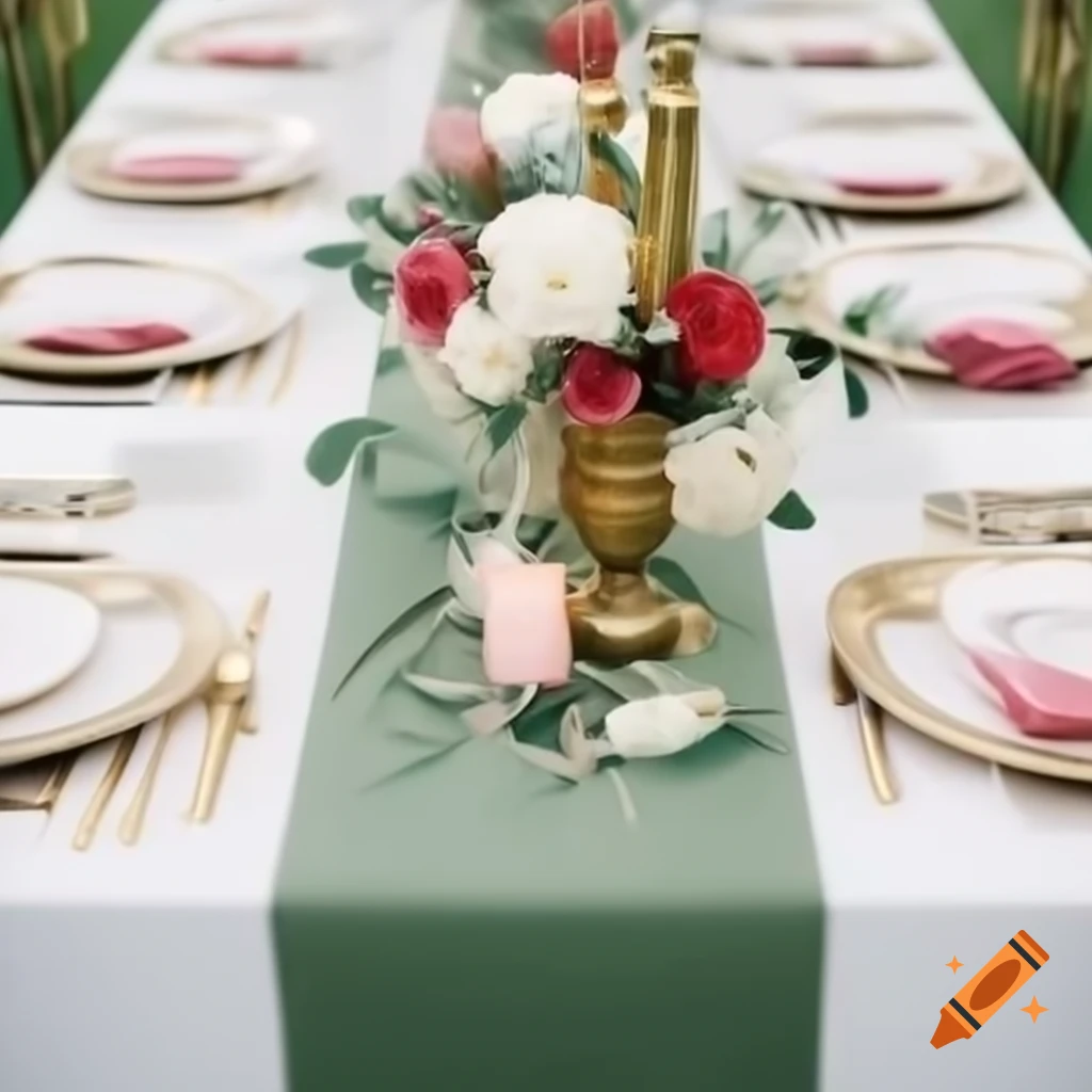 Elegant round wedding table with white tablecloth and sage green runner ...
