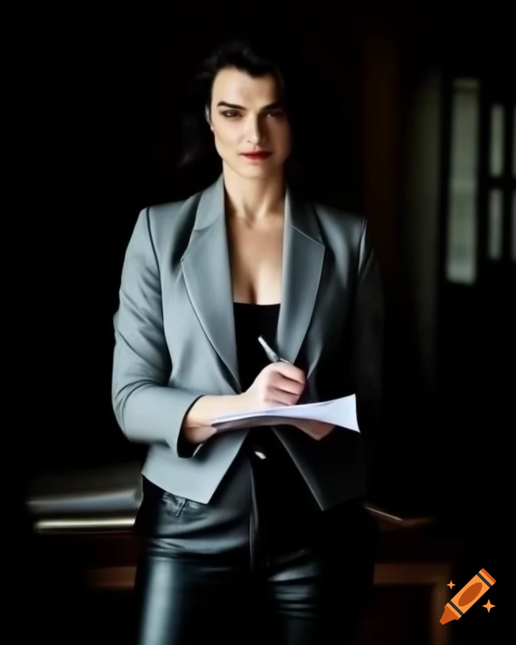 Rachel Weisz in fitted grey blazer and black leather jeans, modern ...
