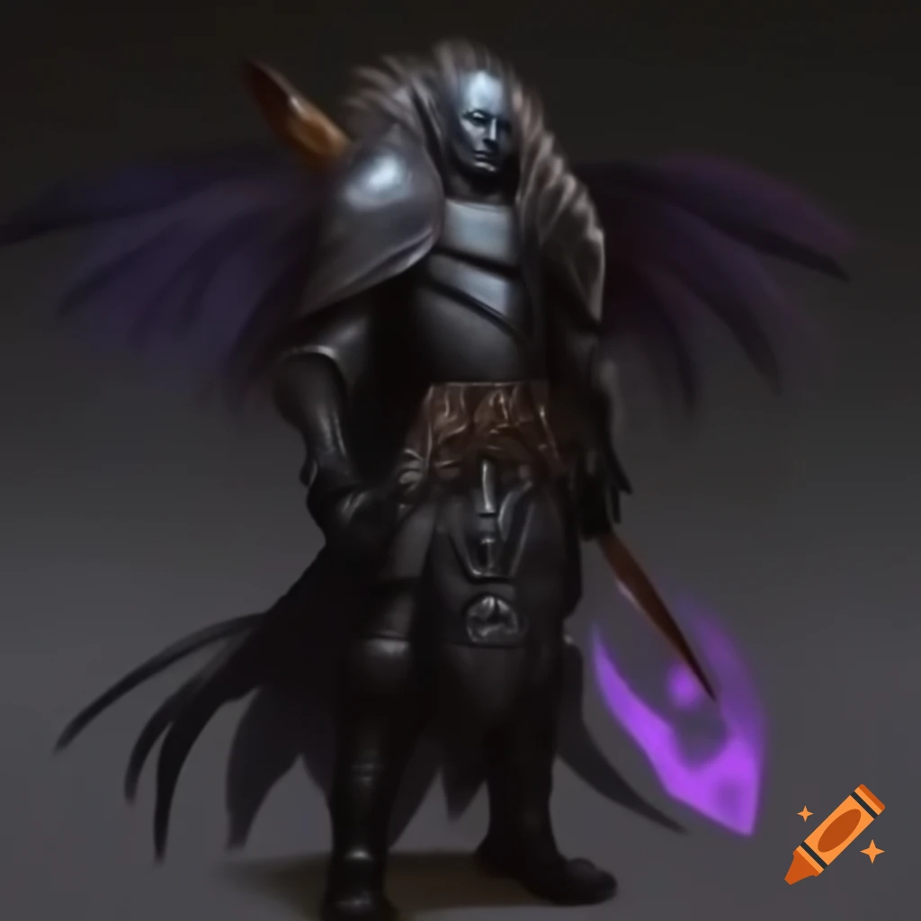 Humanoid in black leather armor with bat-like wings holding a glowing ...