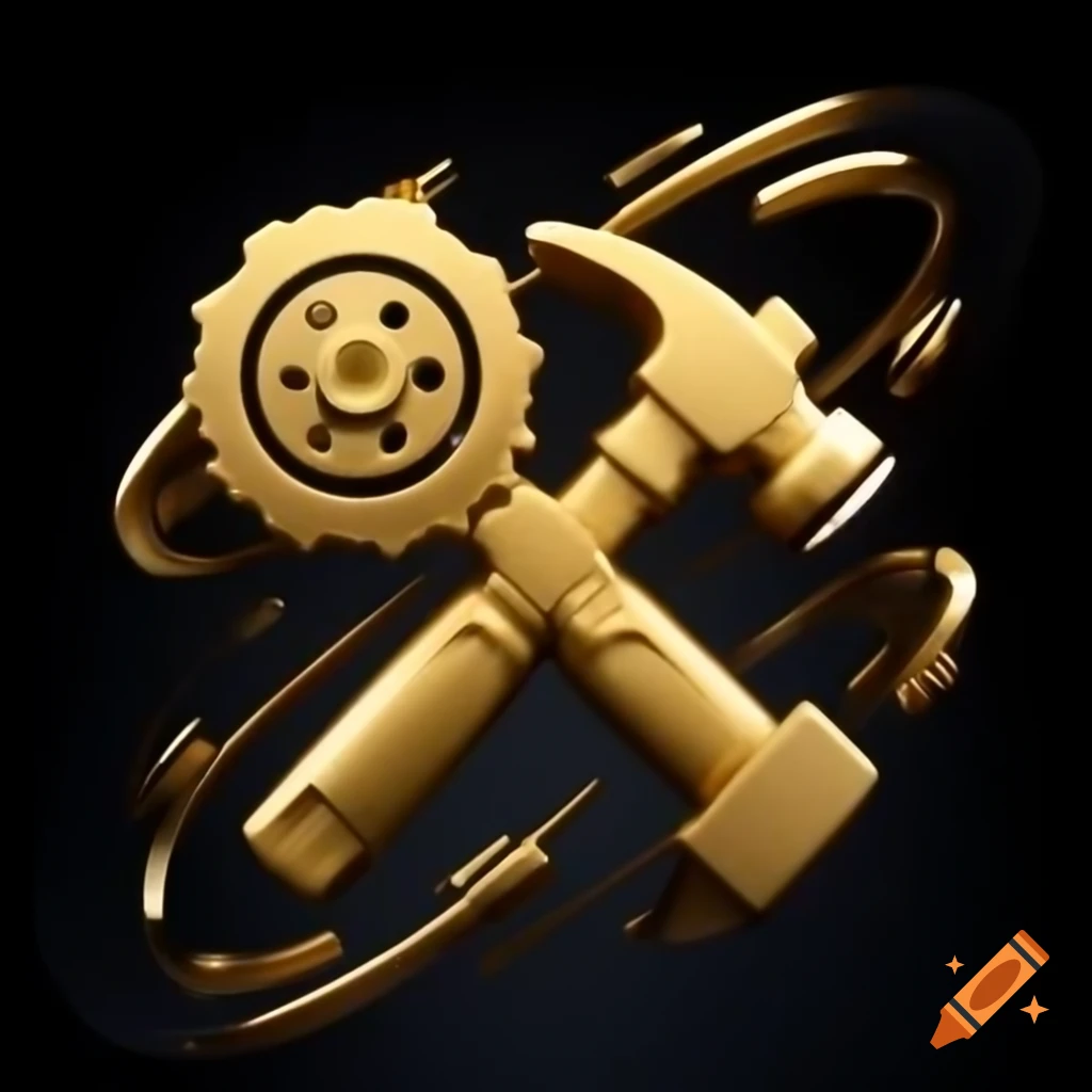 Automation tool emblem featuring a golden hammer and gears in a ...