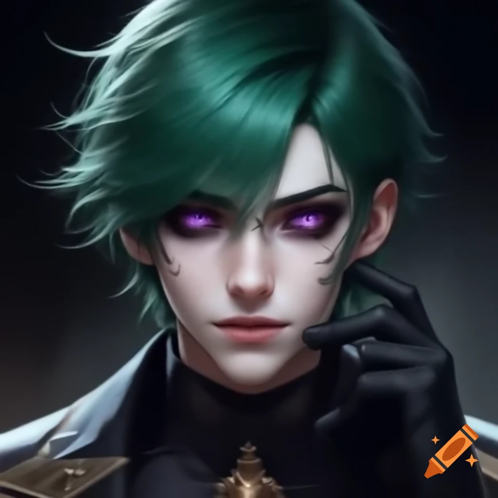 Young man with spiky dark green hair wearing a detailed masquerade mask ...