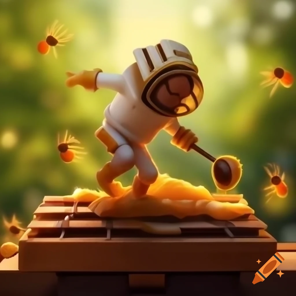 Miniature beekeeper landing in detailed bee hive on Craiyon