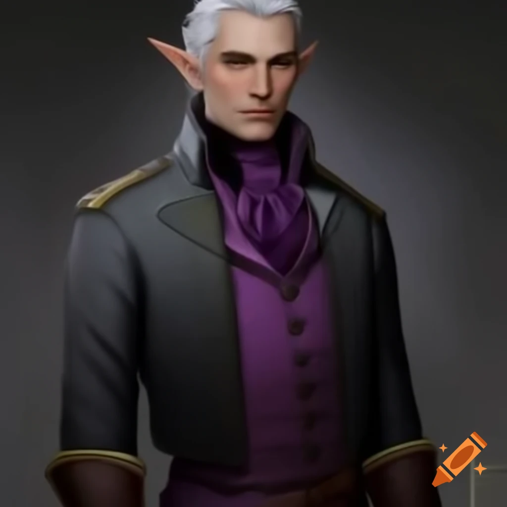 Elf nobleman in 18th century grey and purple jacket on Craiyon