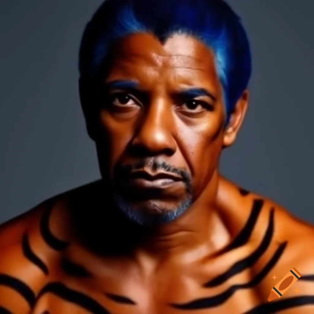 Muscular man with tiger-style makeup featuring blue hair and orange ...