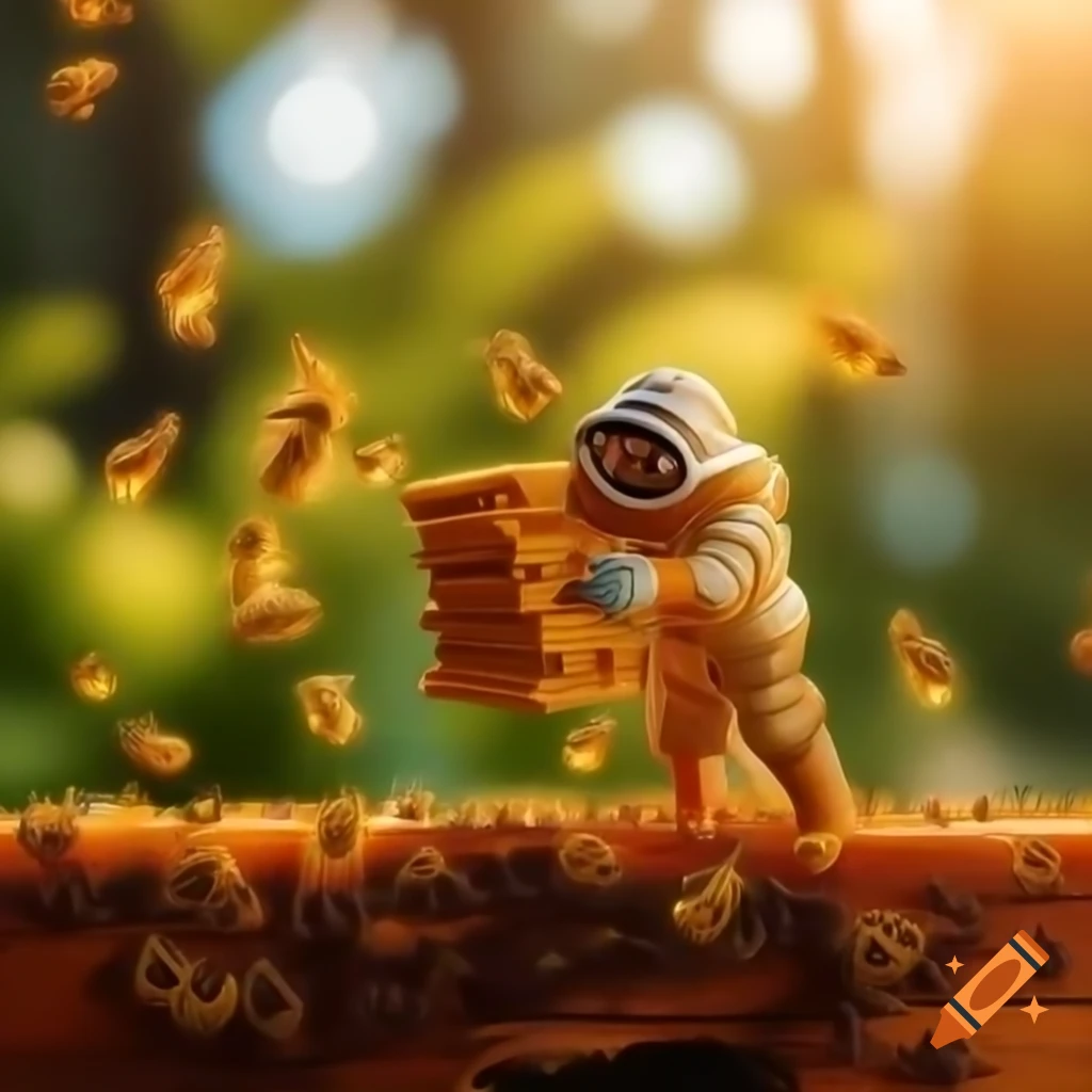 Miniature beekeeper landing in detailed bee hive on Craiyon