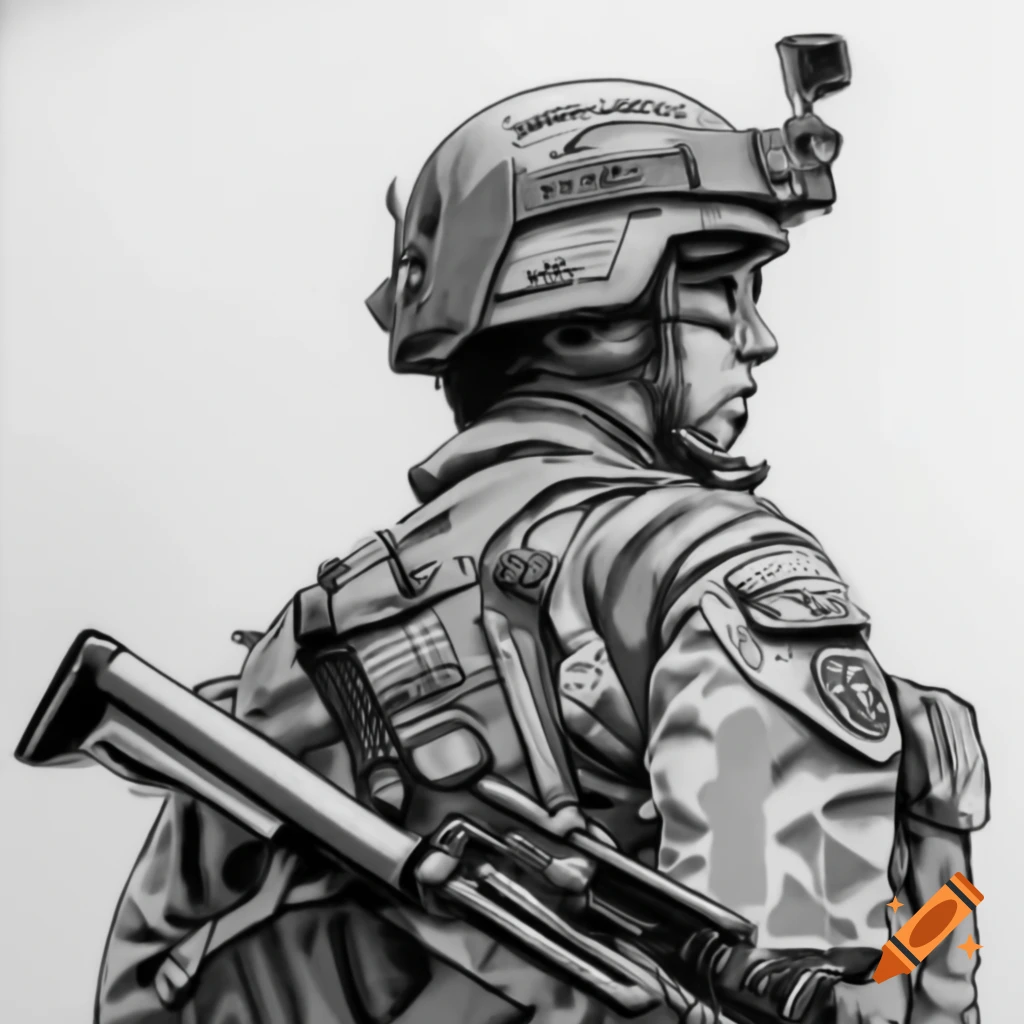 Detailed pencil drawing of modern soldier from behind with rifle on Craiyon