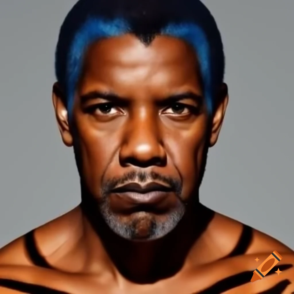Denzel Washington with tiger makeup, blue hair, and orange skin on Craiyon
