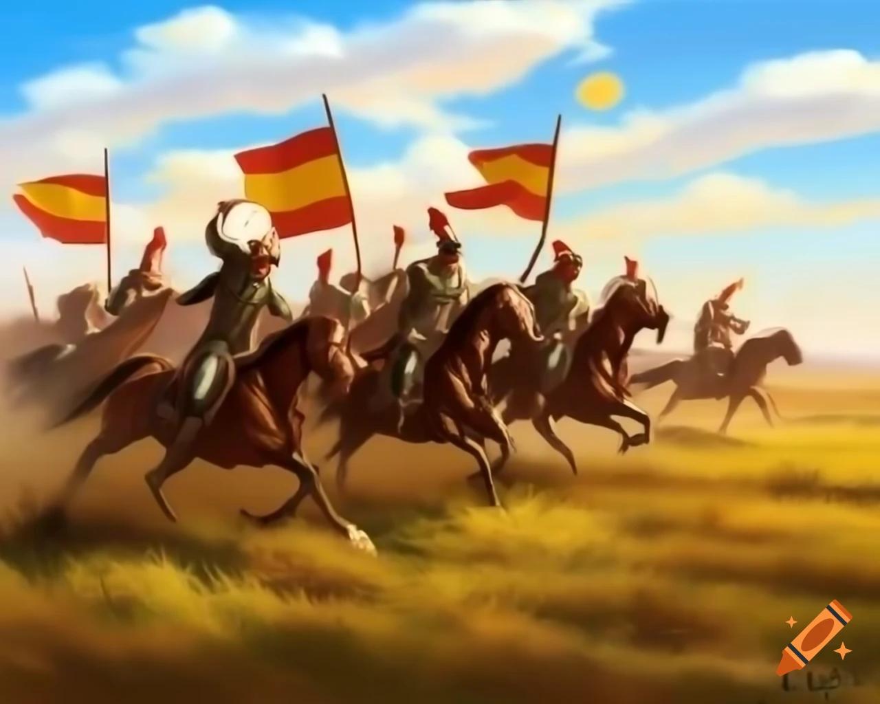 Energetic painting of Spanish cavalry advancing across sunlit field ...