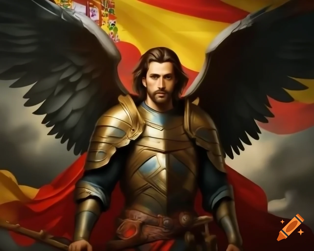 Spanish winged male angel in ornate armor with flag-colored wings on ...