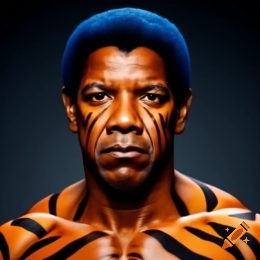 Muscular man with tiger-style makeup featuring blue hair and orange ...