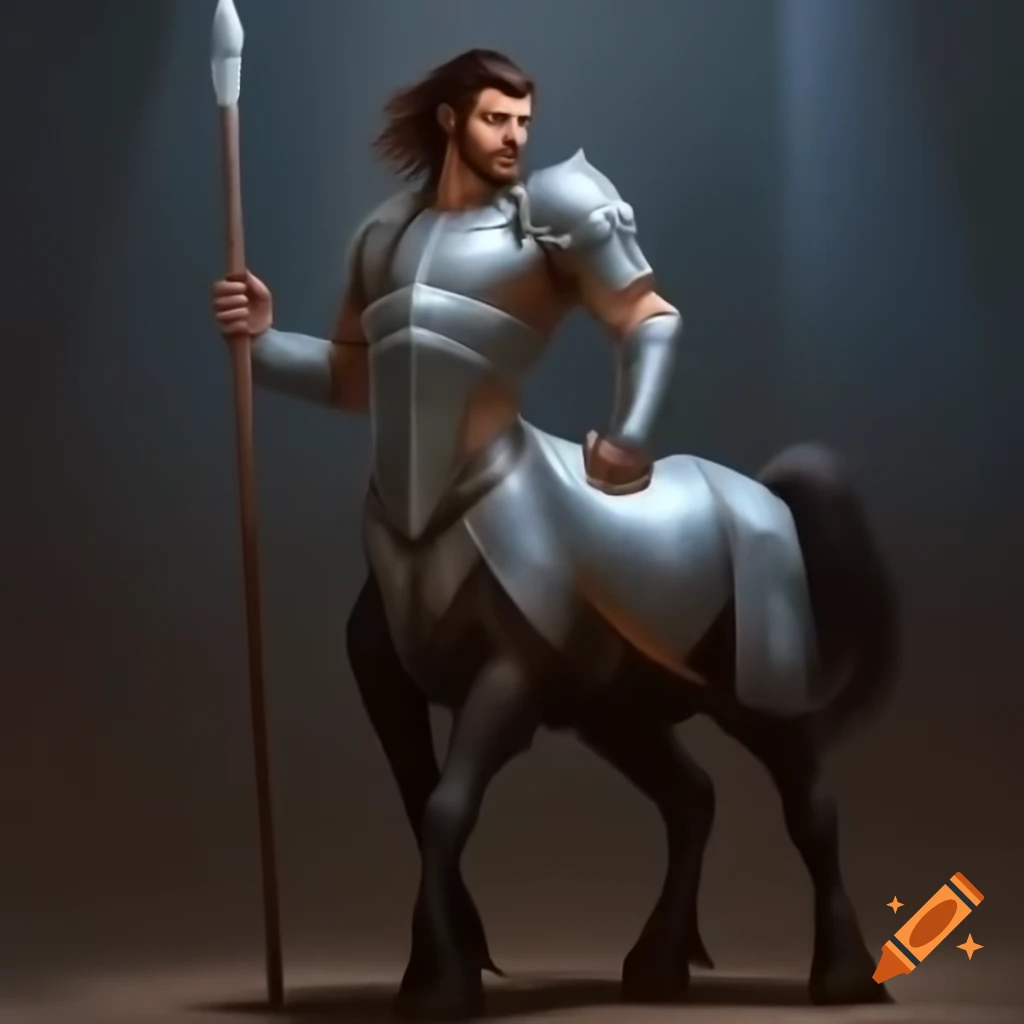 Male centaur in silver armor holding spear, ready for battle on Craiyon