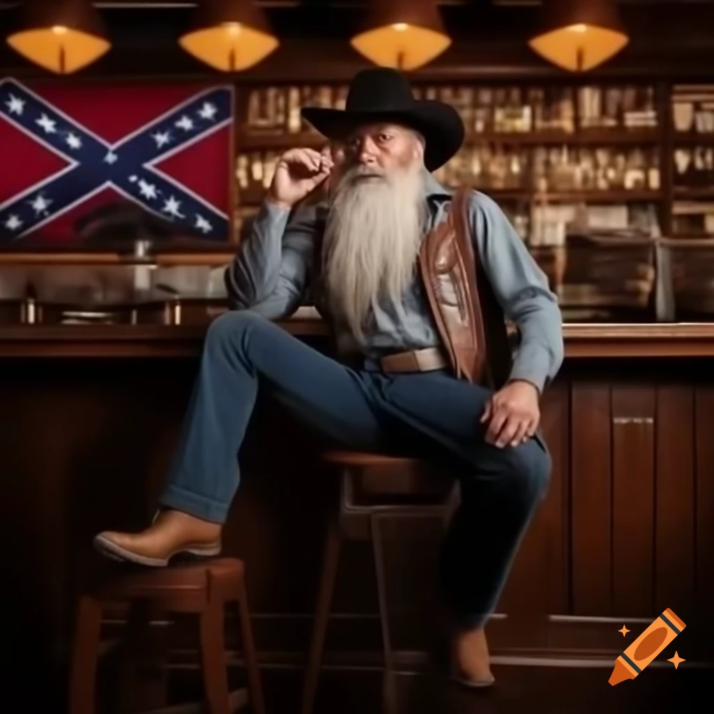 Cowboy in black hat and boots sitting on barstool with cigar in a bar ...