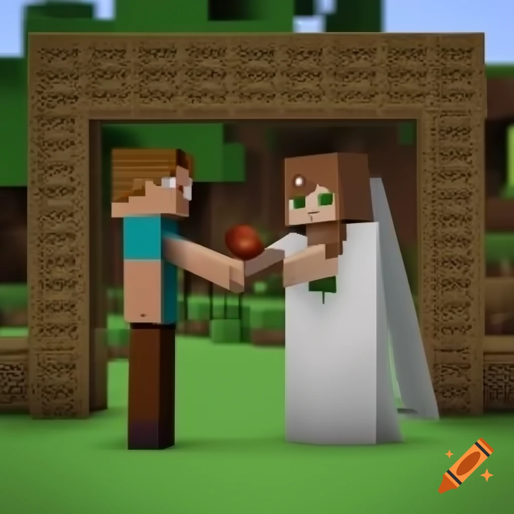 Minecraft avatars exchanging vows in a pixelated wedding scene on Craiyon