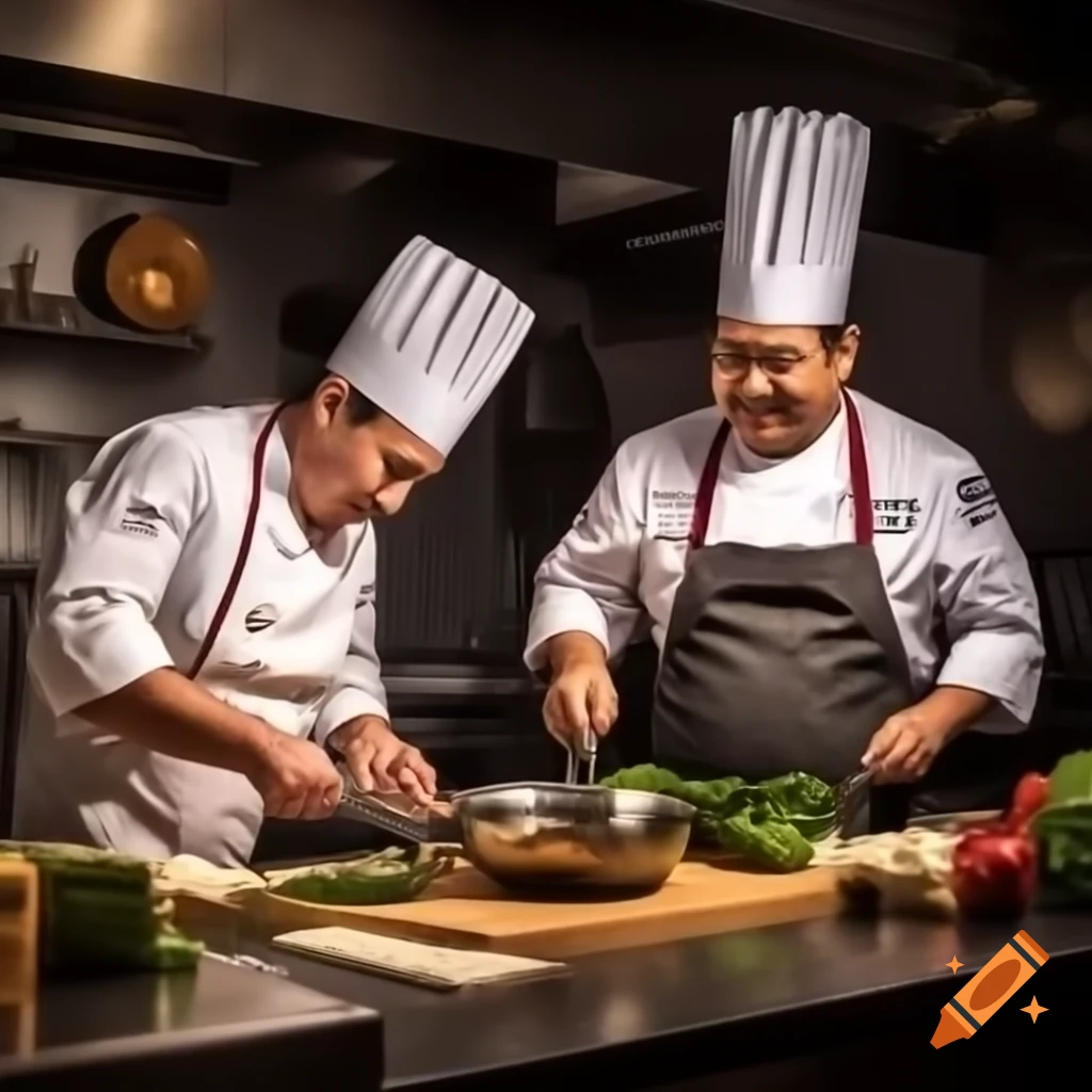 Chef actively cooking in a kitchen setting with a humorous tone on Craiyon