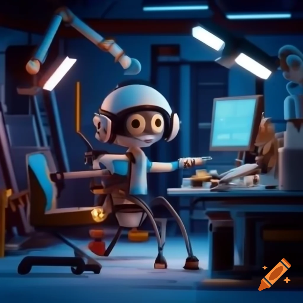 Stylized 3D character in futuristic workshop with robotic components ...