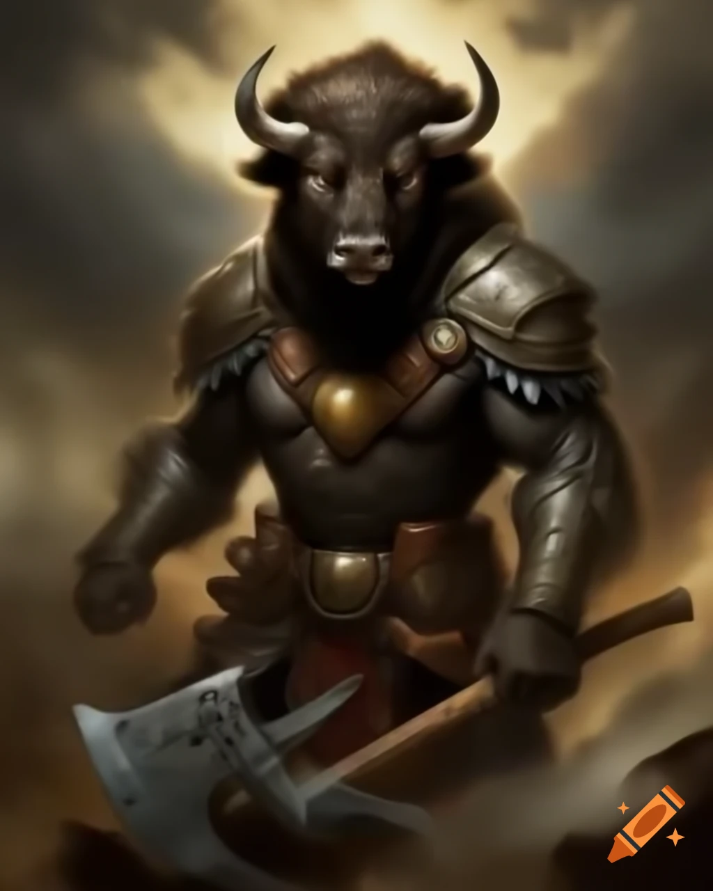 Humanoid bison warrior wielding a battle axe on Craiyon