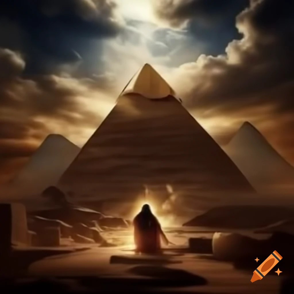 Divine figure bathed in light above ancient pyramids in celestial egypt ...