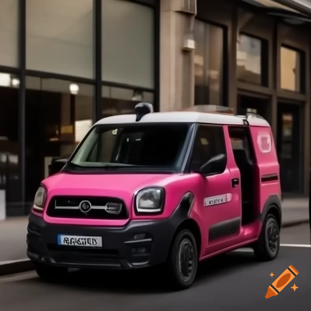 Compact modern electric van mockup in pink with black accents on Craiyon