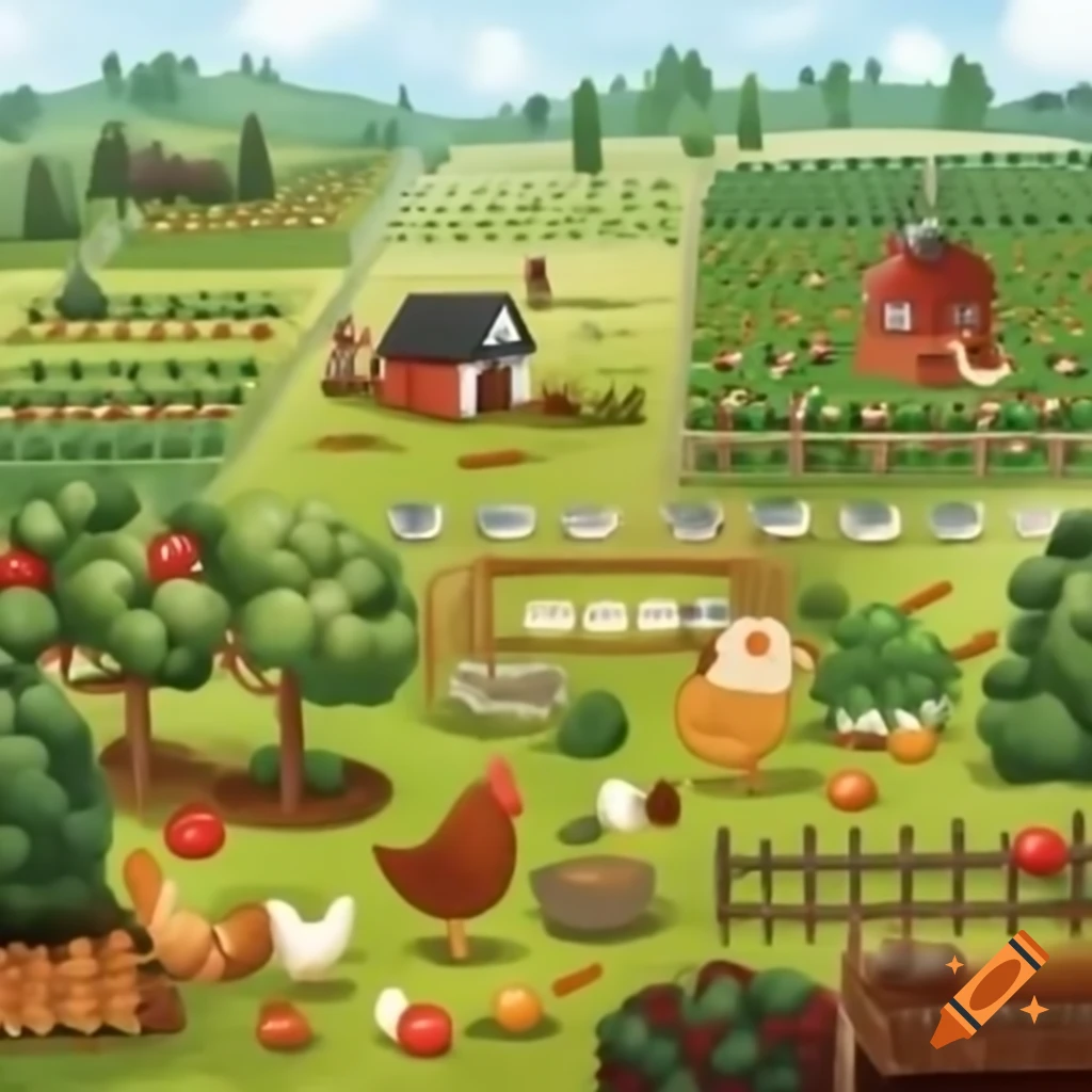 Farm landscape with windmill, shack, orchard, chickens, river, cows and ...