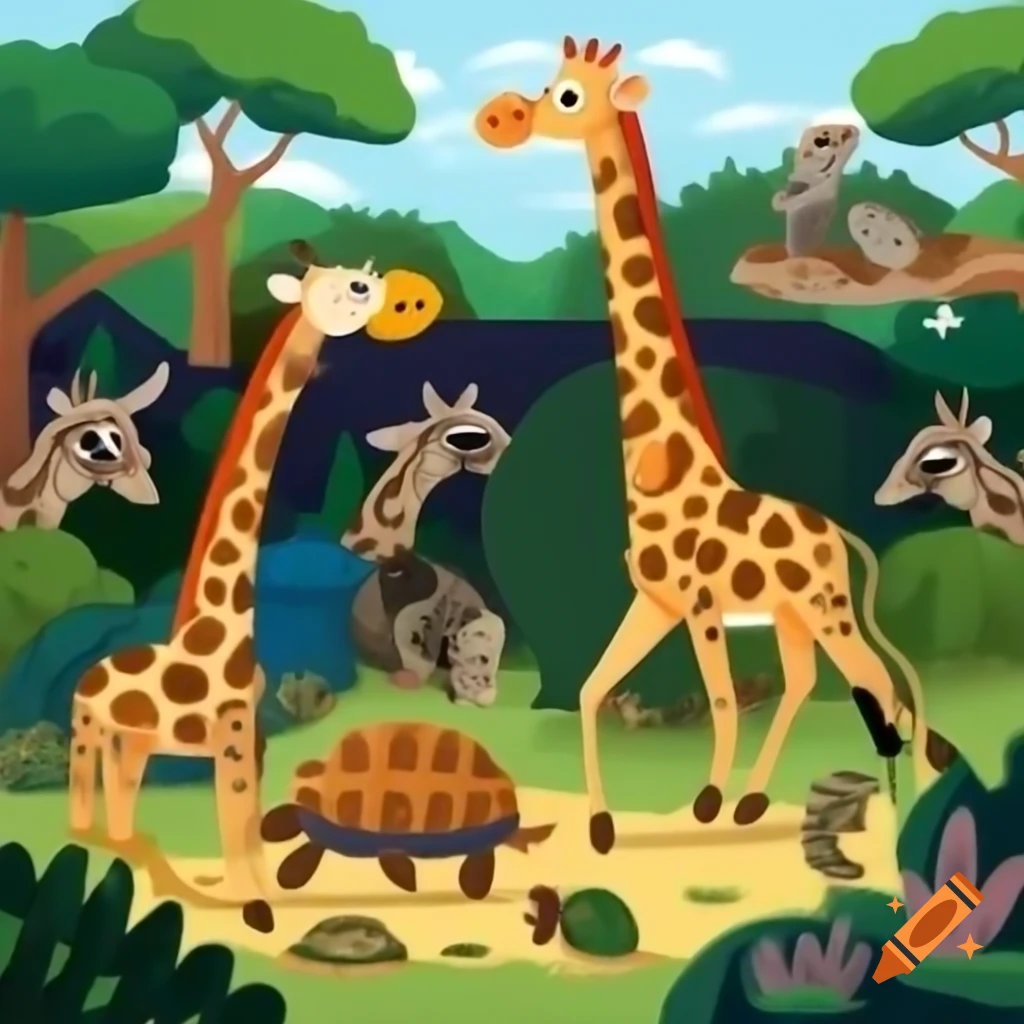 Diverse zoo scene featuring tortoises, giraffes, snakes, crocodiles ...
