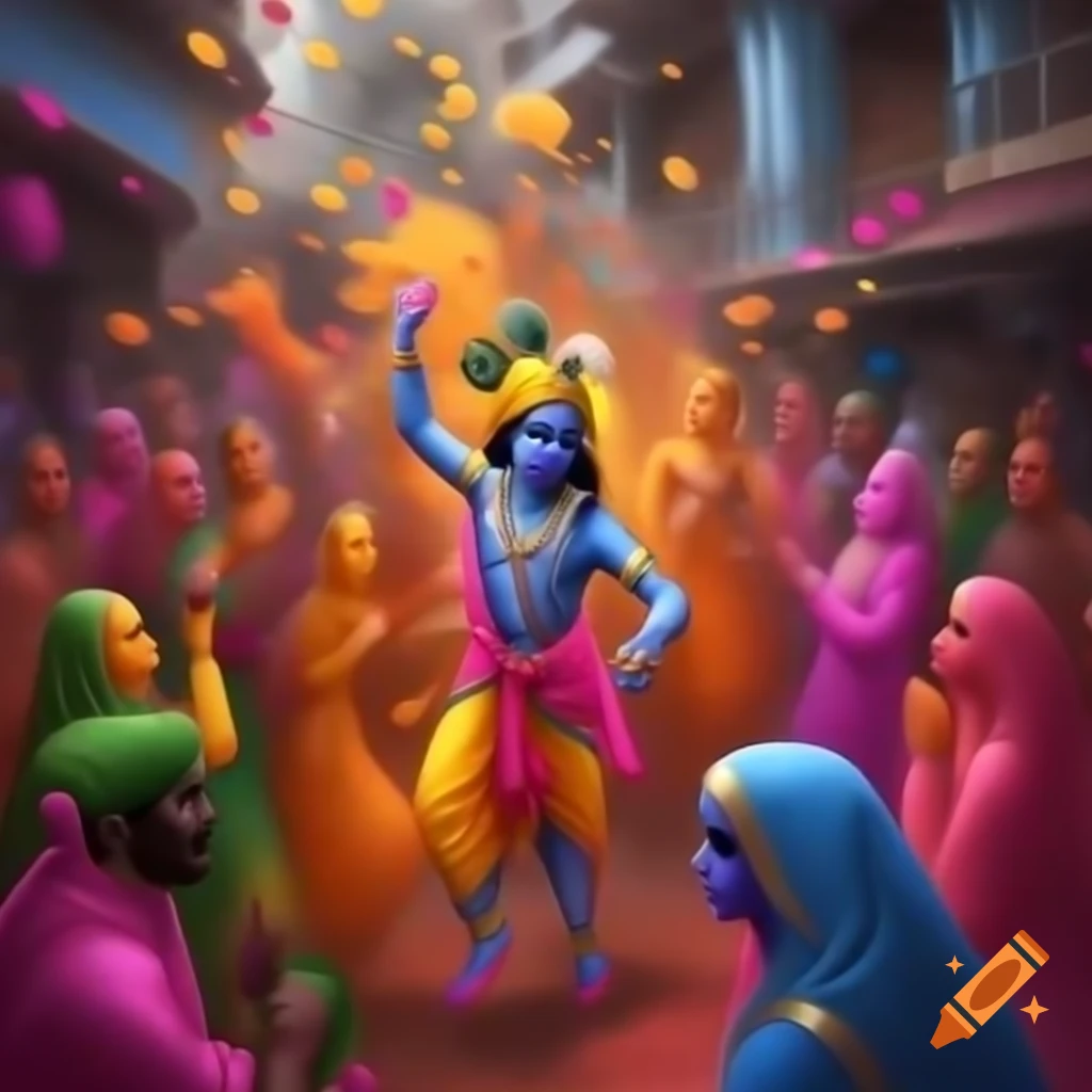 Lord krishna in holi celebration with vibrant colors in vrindavan on ...