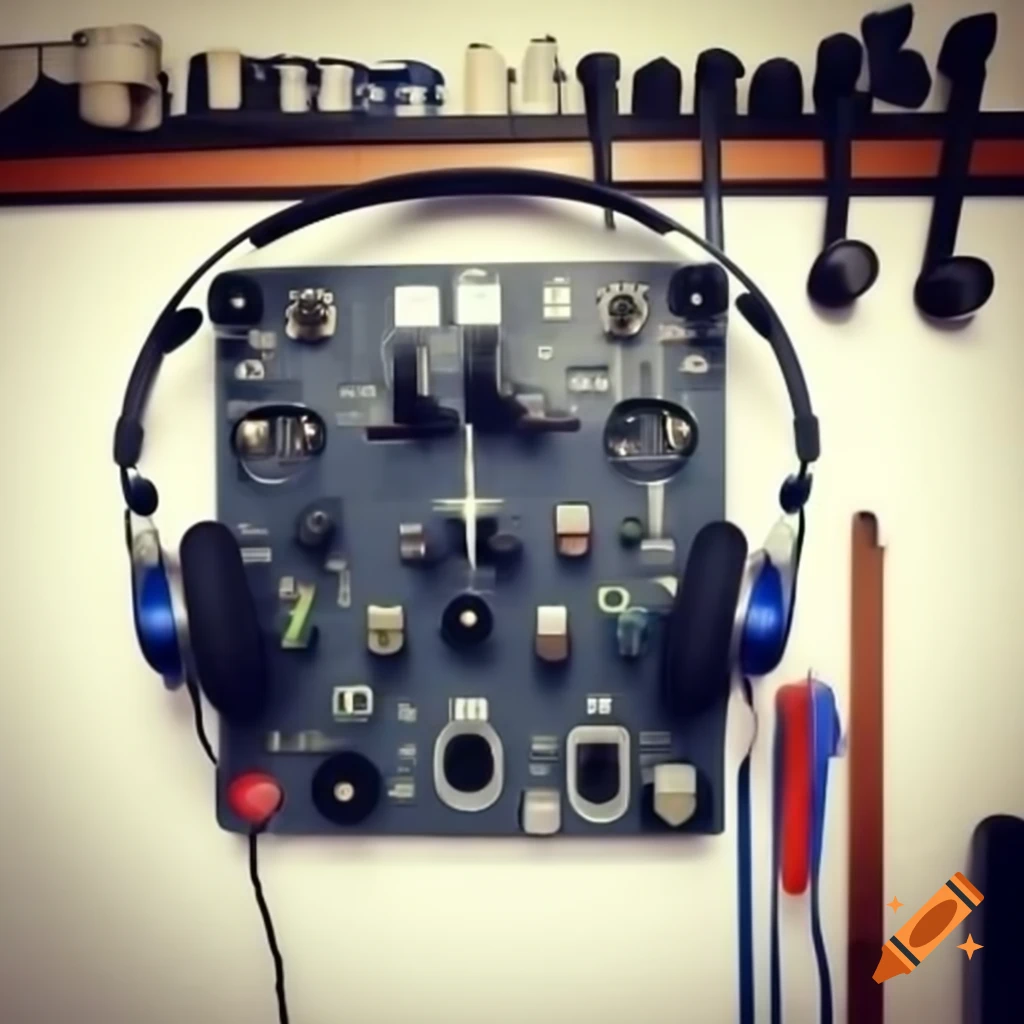 Aviation-themed display with headphones, control panel, tools, and ...