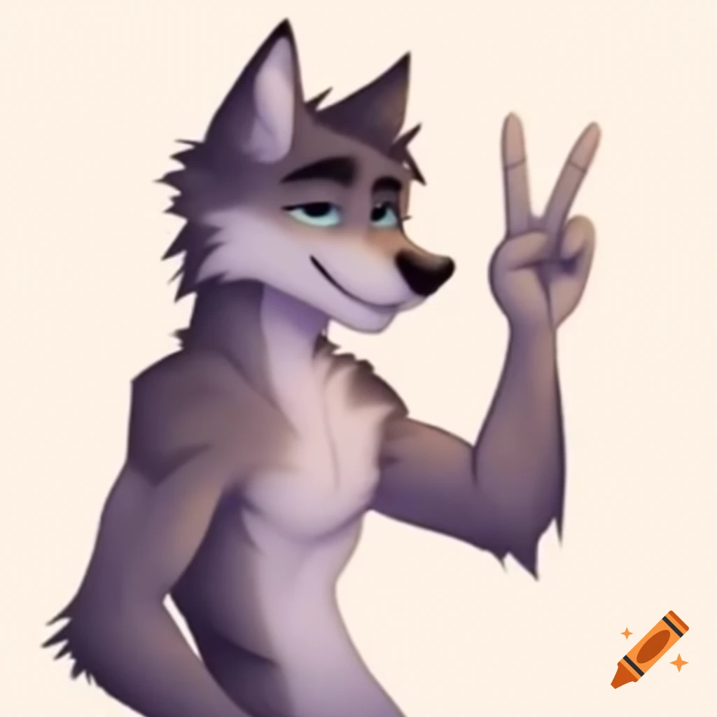 Cartoonish wolf character making peace sign in furry art style on Craiyon