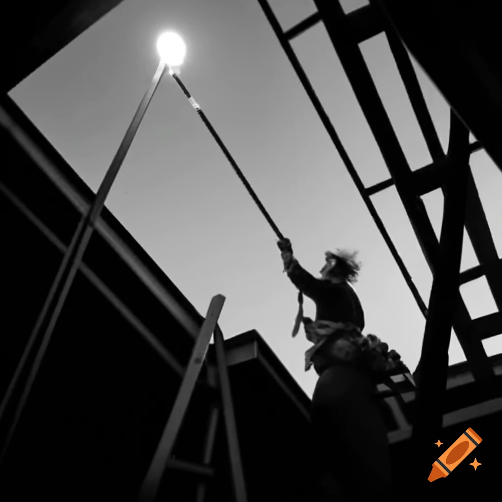 Construction worker installing lightbulb from ground level with ...