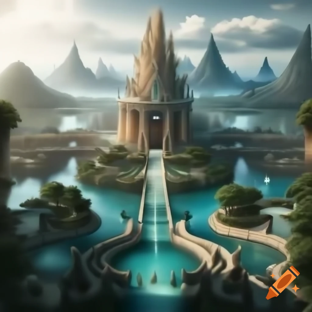 Lost city of Atlantis with grand circular canals and intricate bridges ...