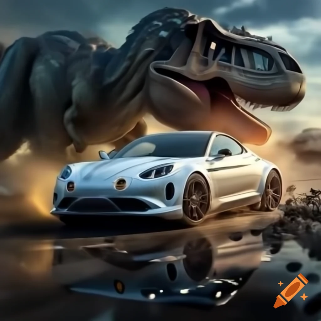 Alpine a110 car crash with tyrannosaurus rex in dramatic scene on Craiyon
